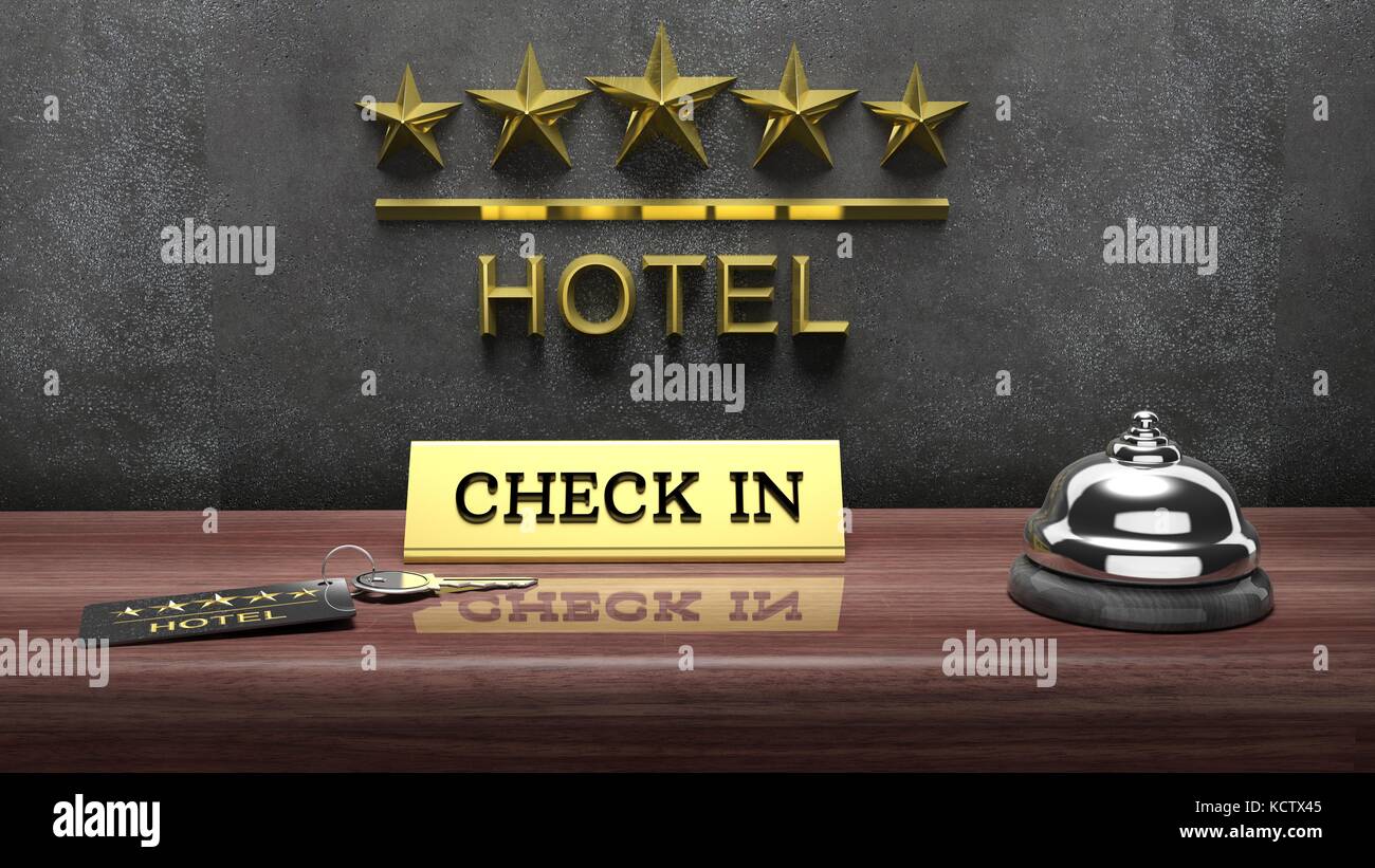 Hotel reception bell and and key on reception wooden desk Stock Photo ...