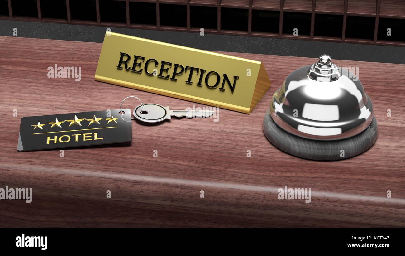 Hotel reception bell and and key on reception wooden desk Stock Photo ...
