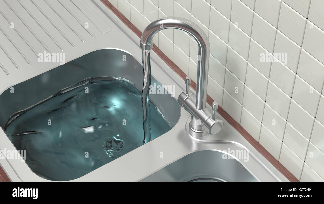 Kitchen cabinet closeup chrome sink with running water Stock Photo - Alamy