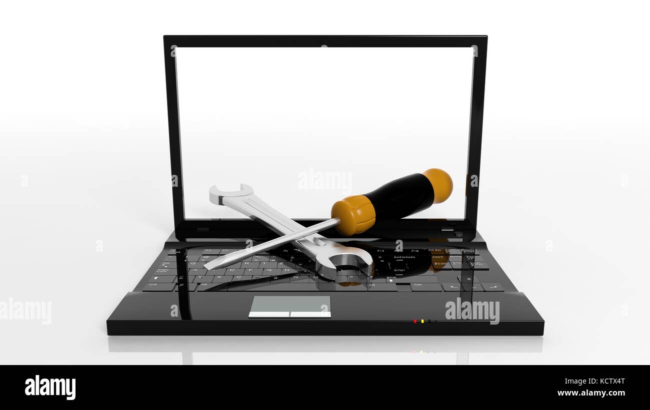 Screwdriver and wrench on laptop isolated on white background Stock ...