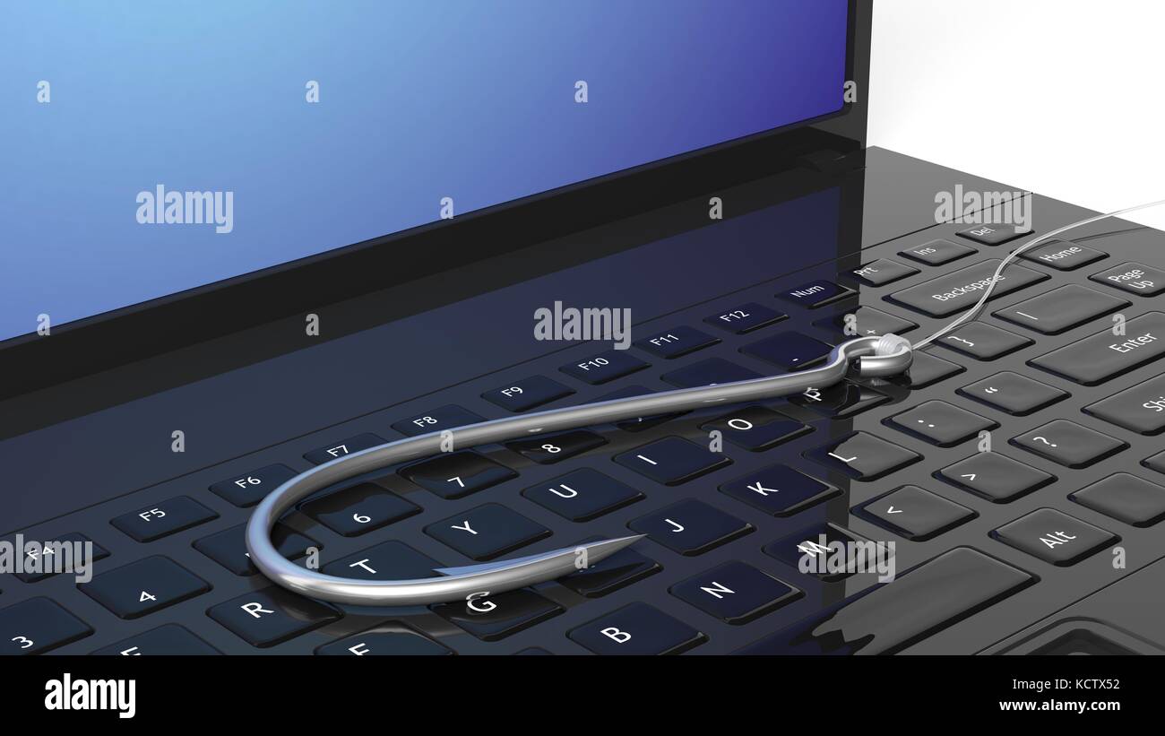 Fishing hook on laptop keyboard, isolated on white background Stock ...