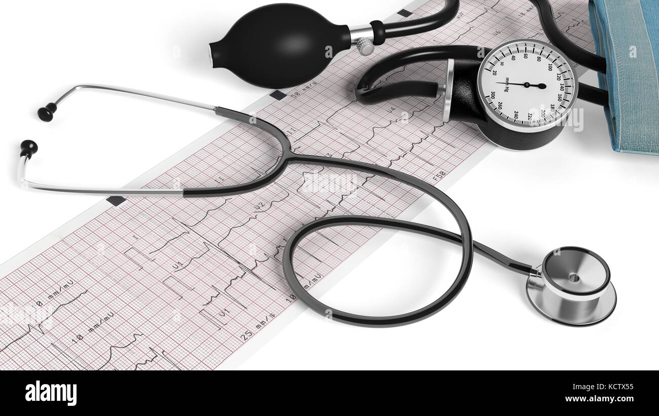 Stethoscope,sphygmomanometer and cardiogram isolated on white Stock ...