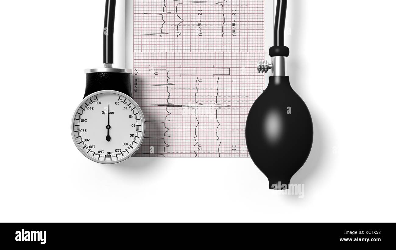 Sphygmomanometer and cardiogram isolated on white background Stock ...