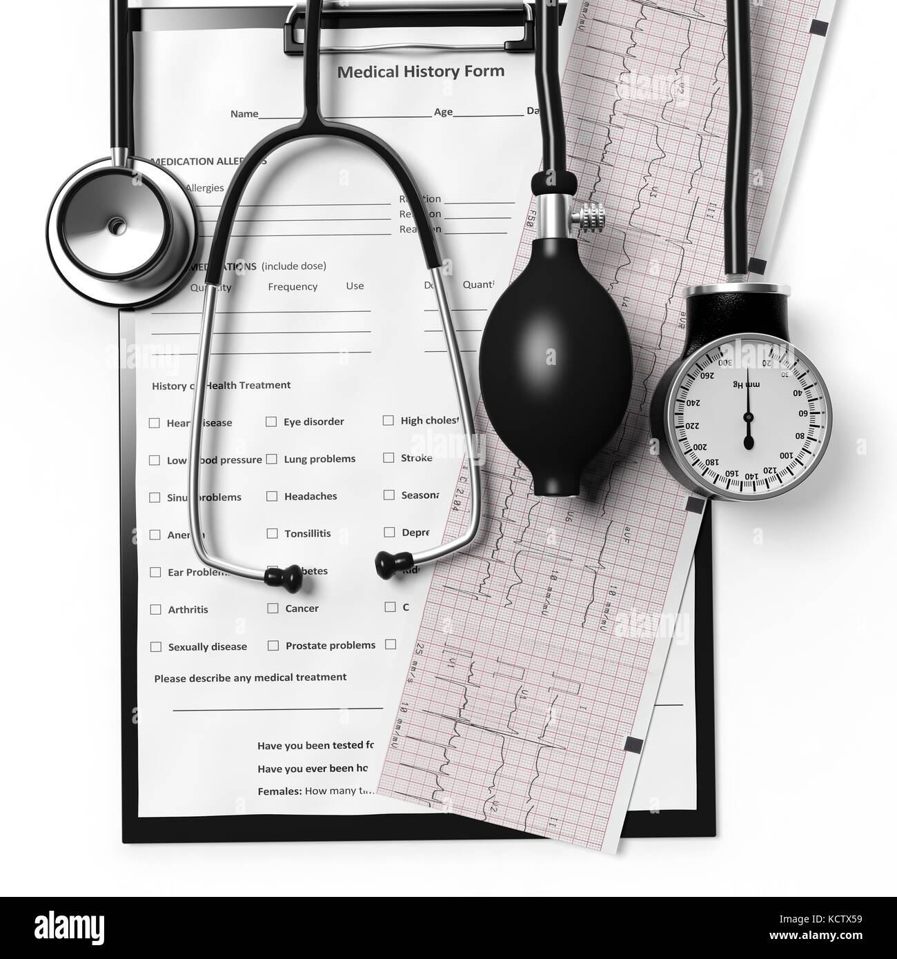 Patient form and cardiogram with medical equipment isolated on white ...
