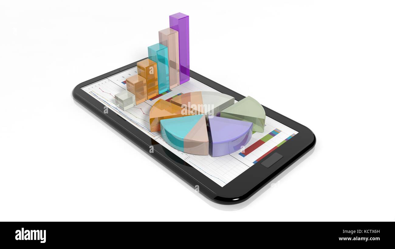 Colorful business pie and bar charts on tablet screen, isolated on ...