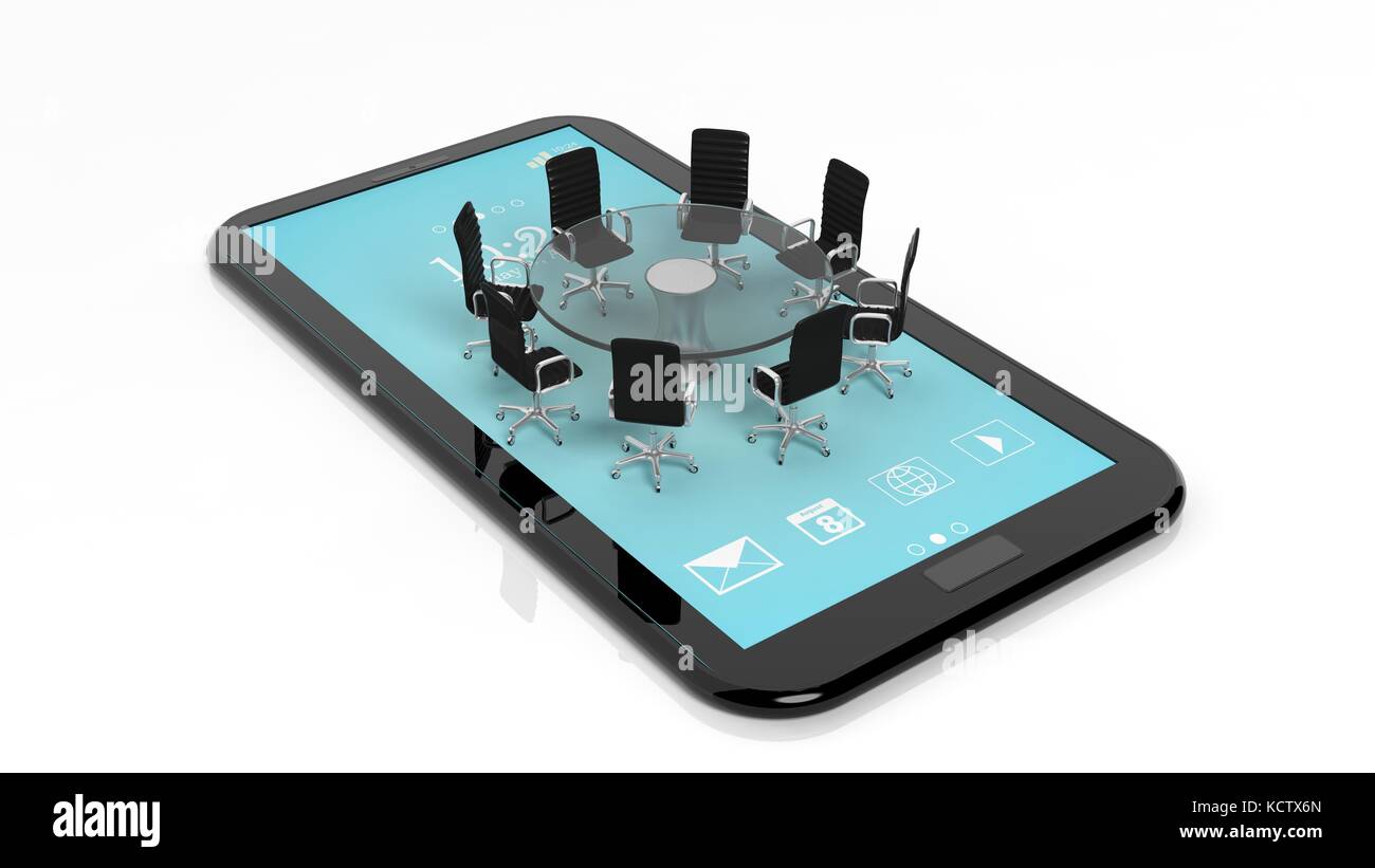 Tablet and round glass meeting table with chairs on it, isolated on ...