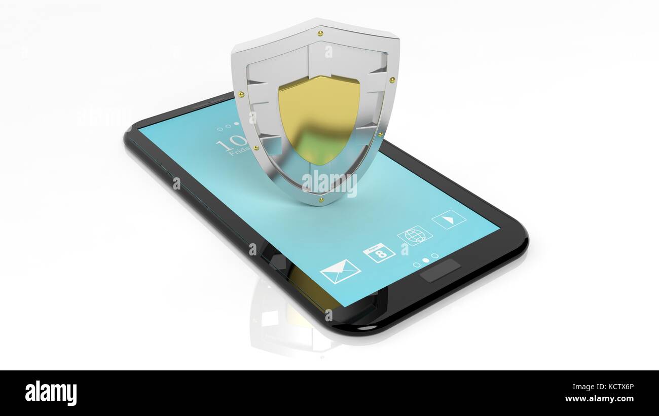 Shiny silver shield symbol on tablet screen isolated on white ...