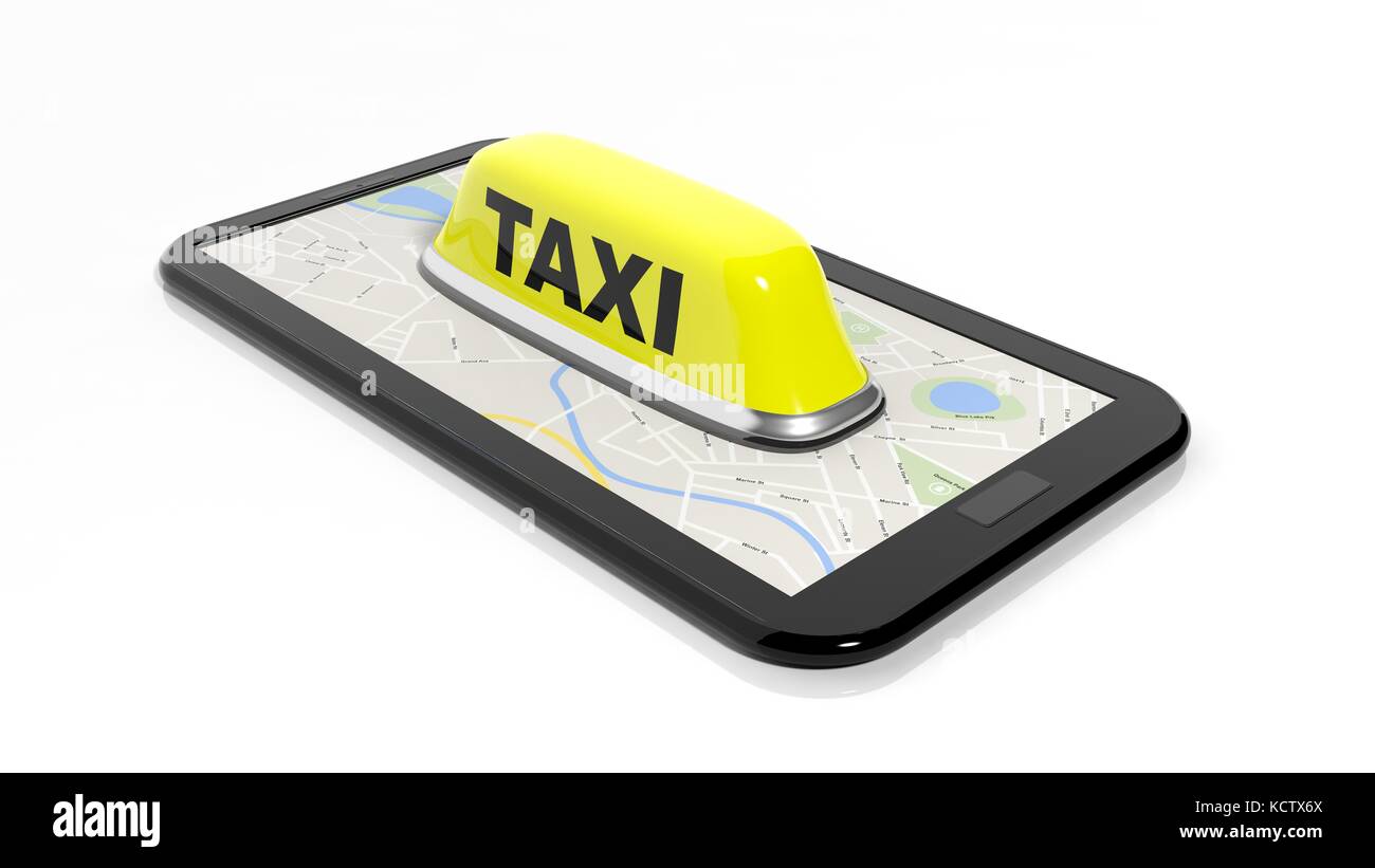 Yellow taxi car roof sign on phone isolated on white backgroundphon ...