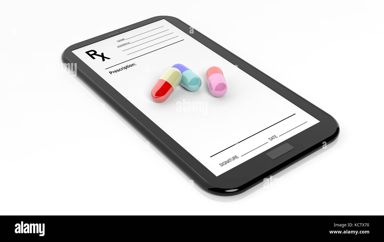 Colorful caplets on smartphone screen with Rx form, isolated on white ...