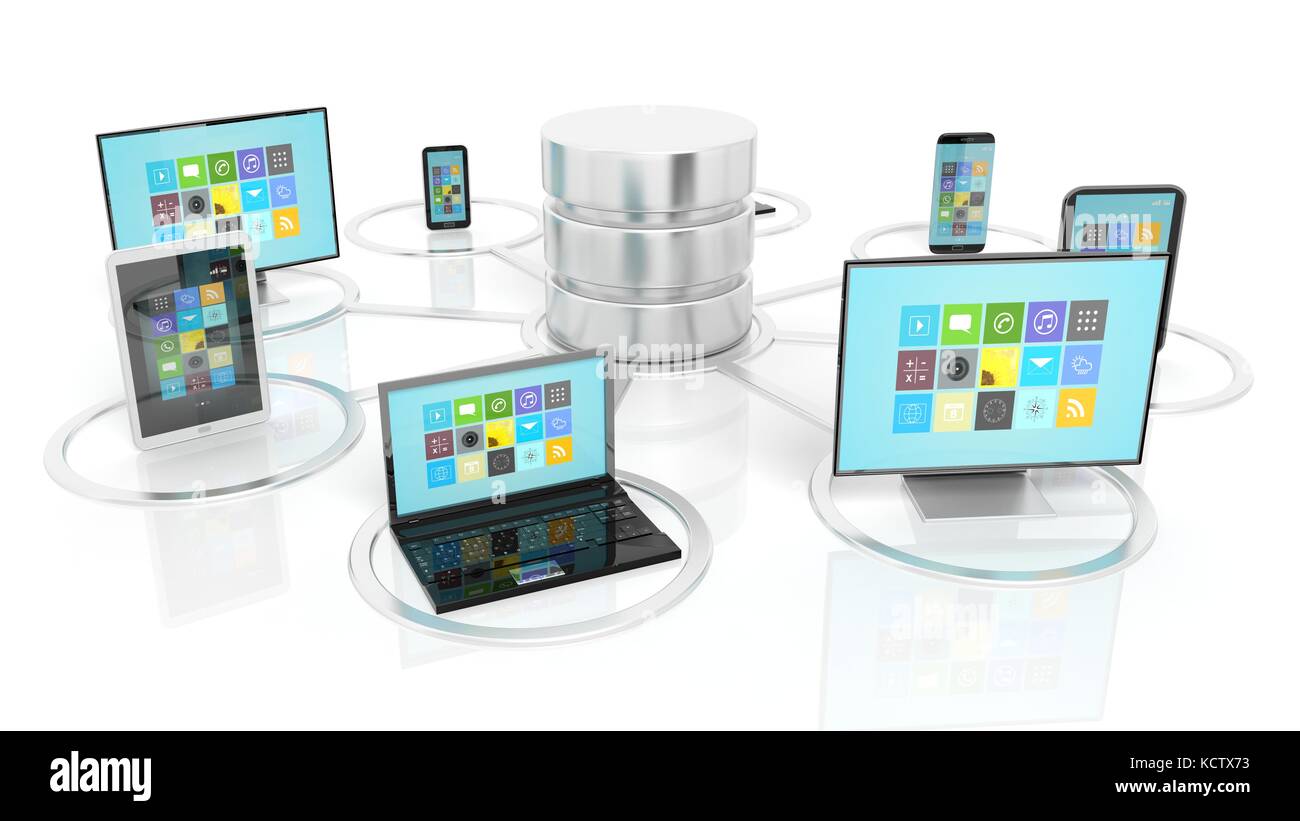 Network database and communication devices icons isolated on white ...