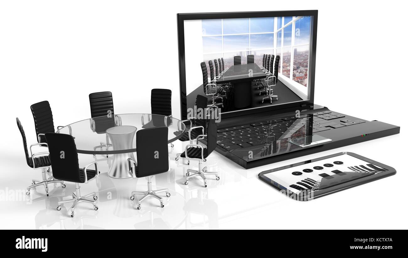 Tablet, laptop and round glass meeting table with chairs, isolated on ...