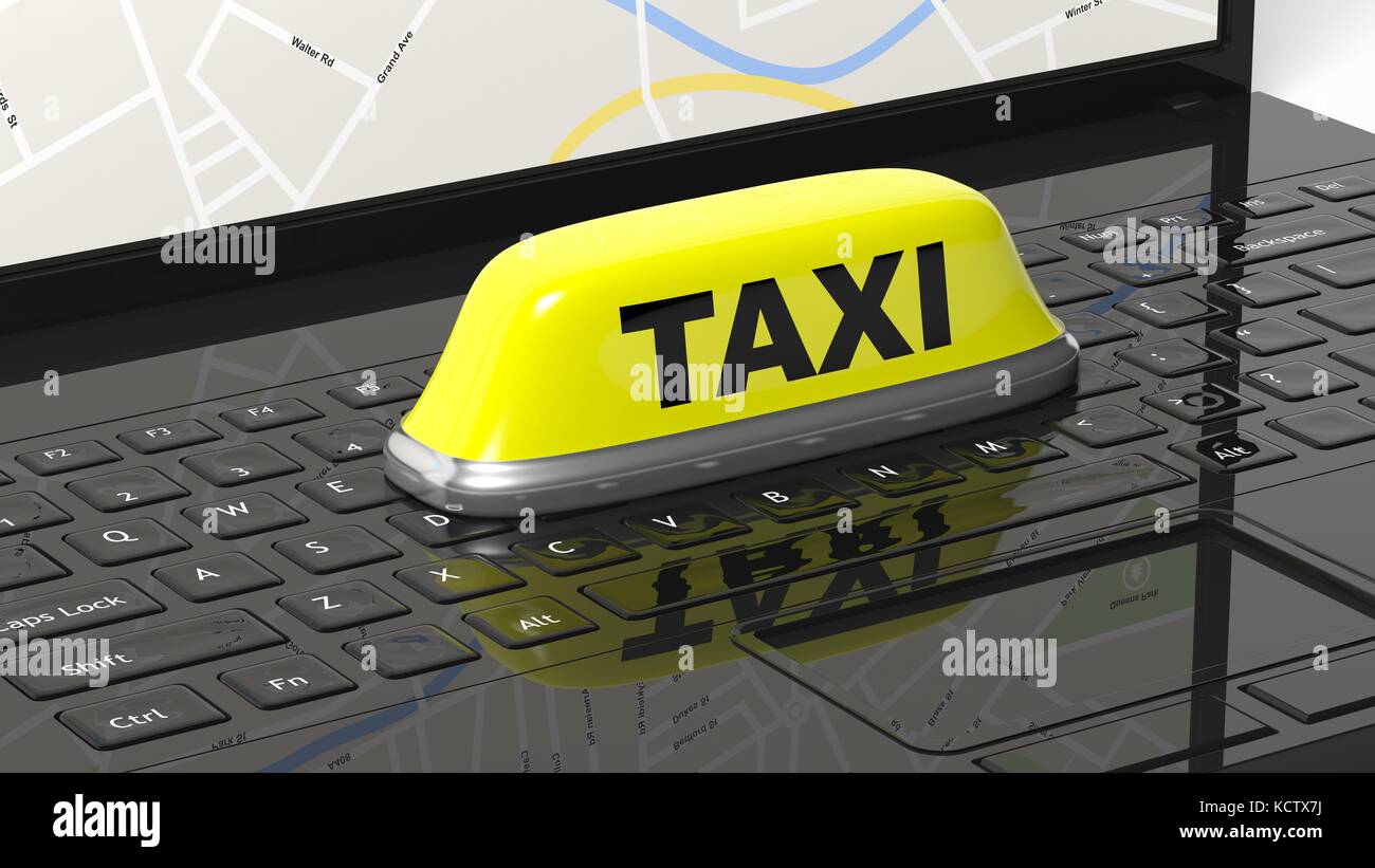 Yellow taxi car roof sign on black laptop keyboard Stock Photo - Alamy