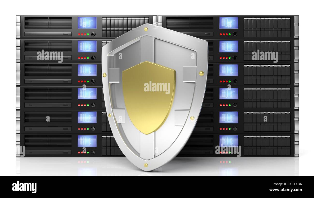 Server racks with silver shield, isolated on white background Stock ...