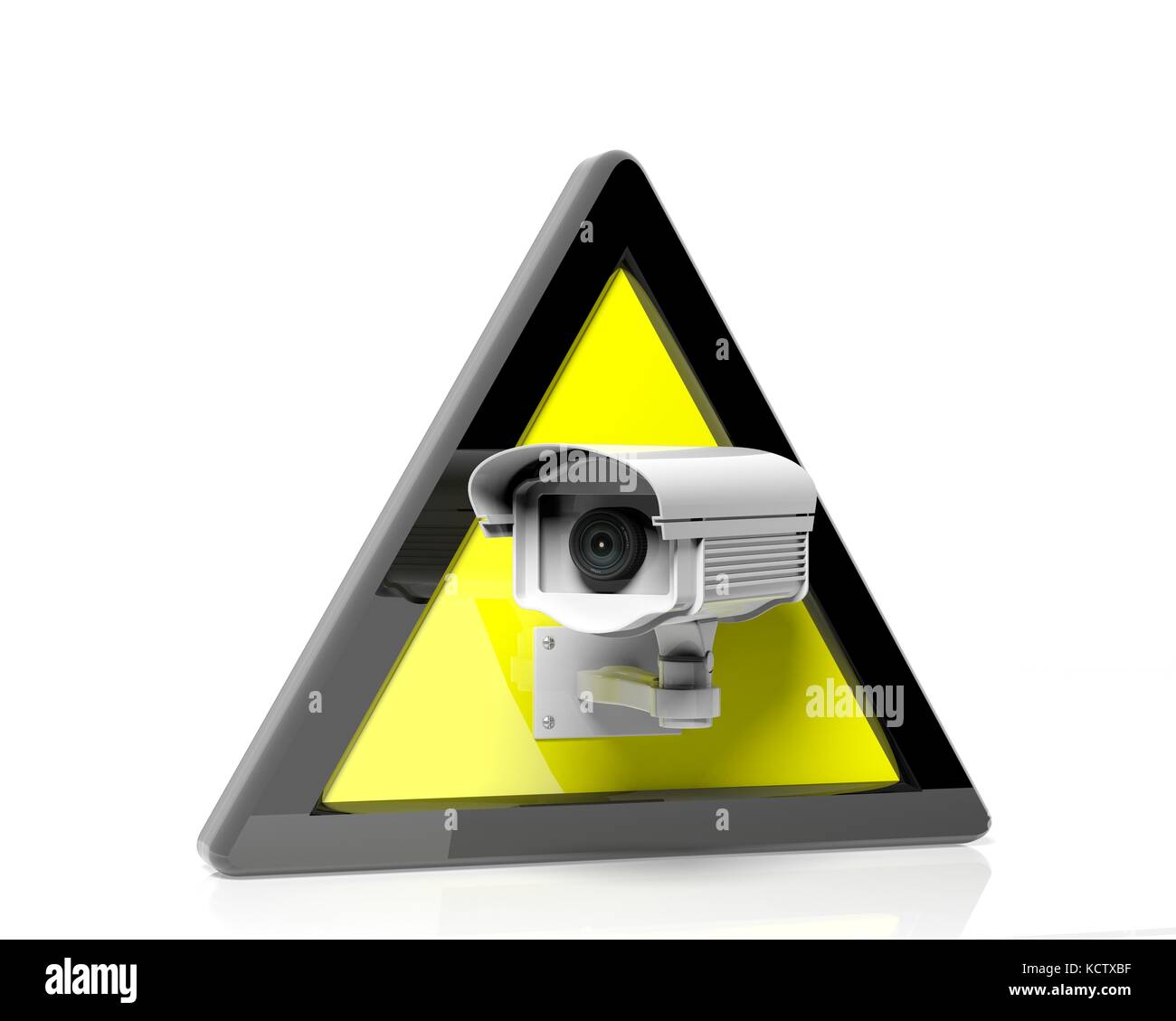 Security surveillance camera in a yellow warning sign isolated Stock ...