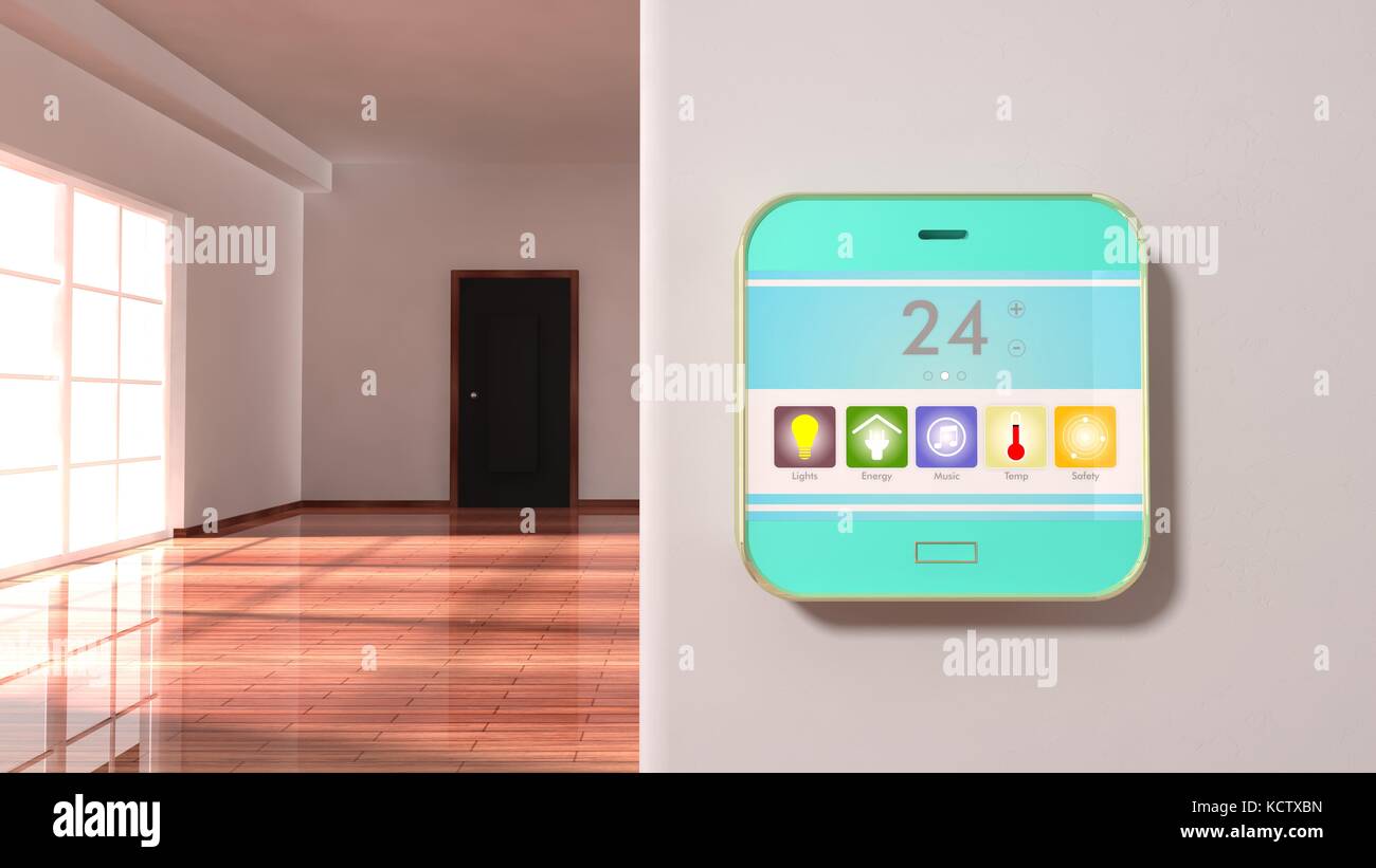 Interior of an apartment with smart home control device display on a ...