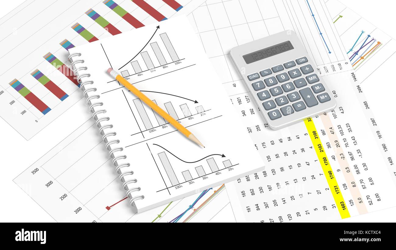 Business paper documents with info charts,pencil and calculator Stock ...