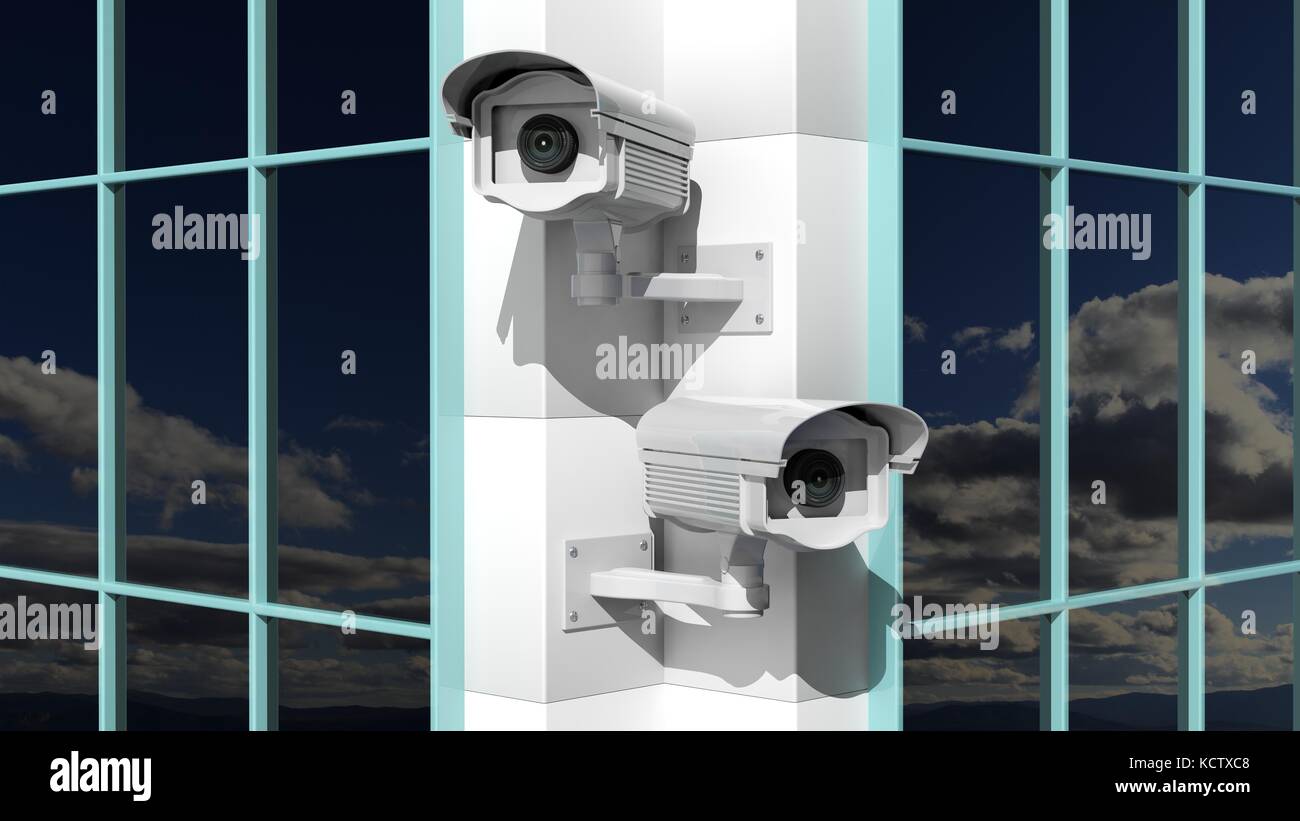 Two security surveillance cameras on skyscraper building Stock Photo ...