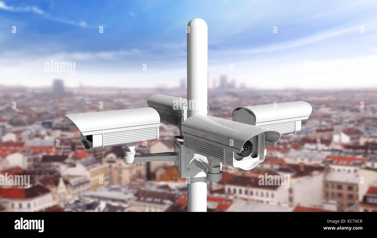 Security surveillance cameras watching in every direction above city ...