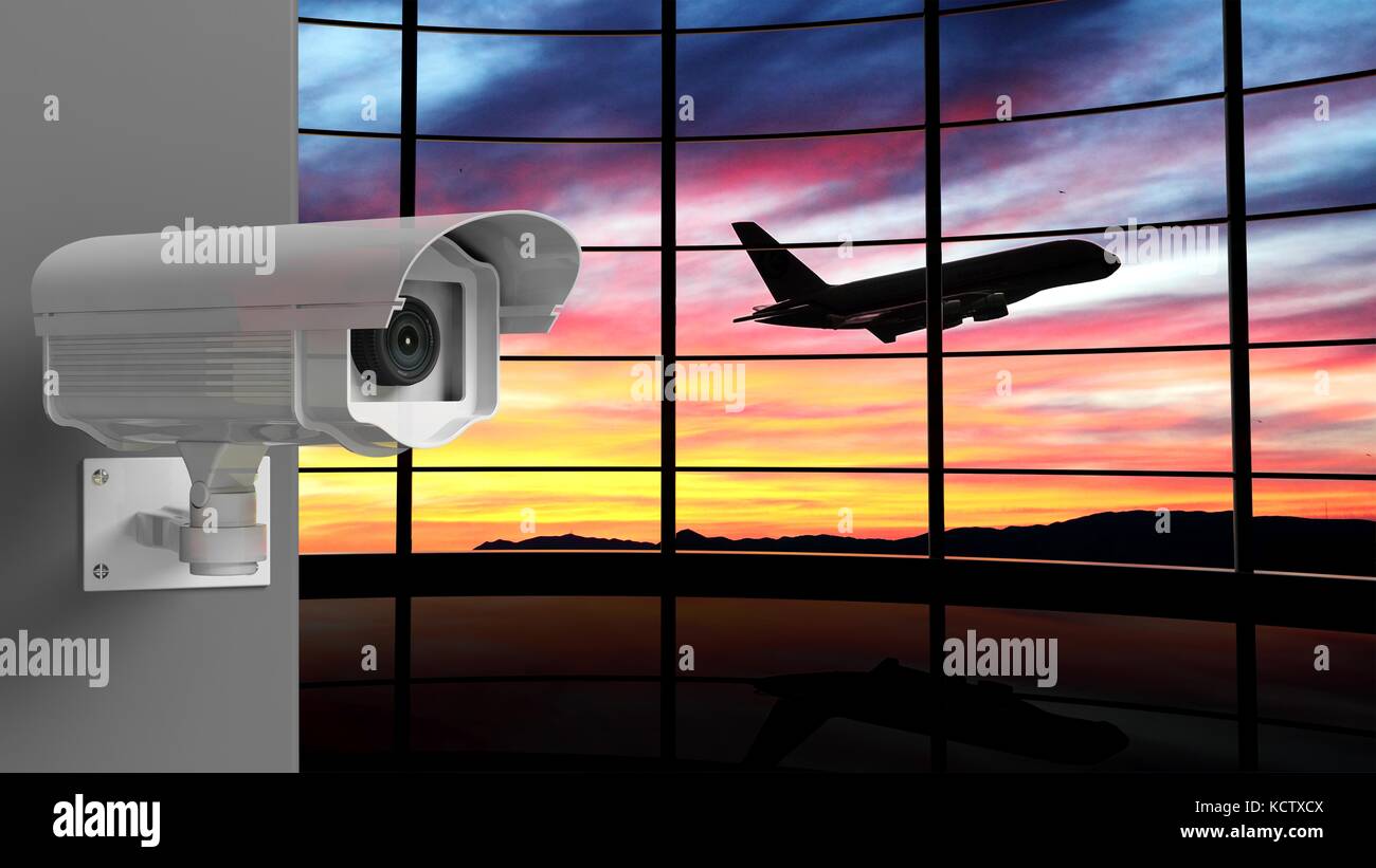 Security surveillance camera with airport window as background Stock ...