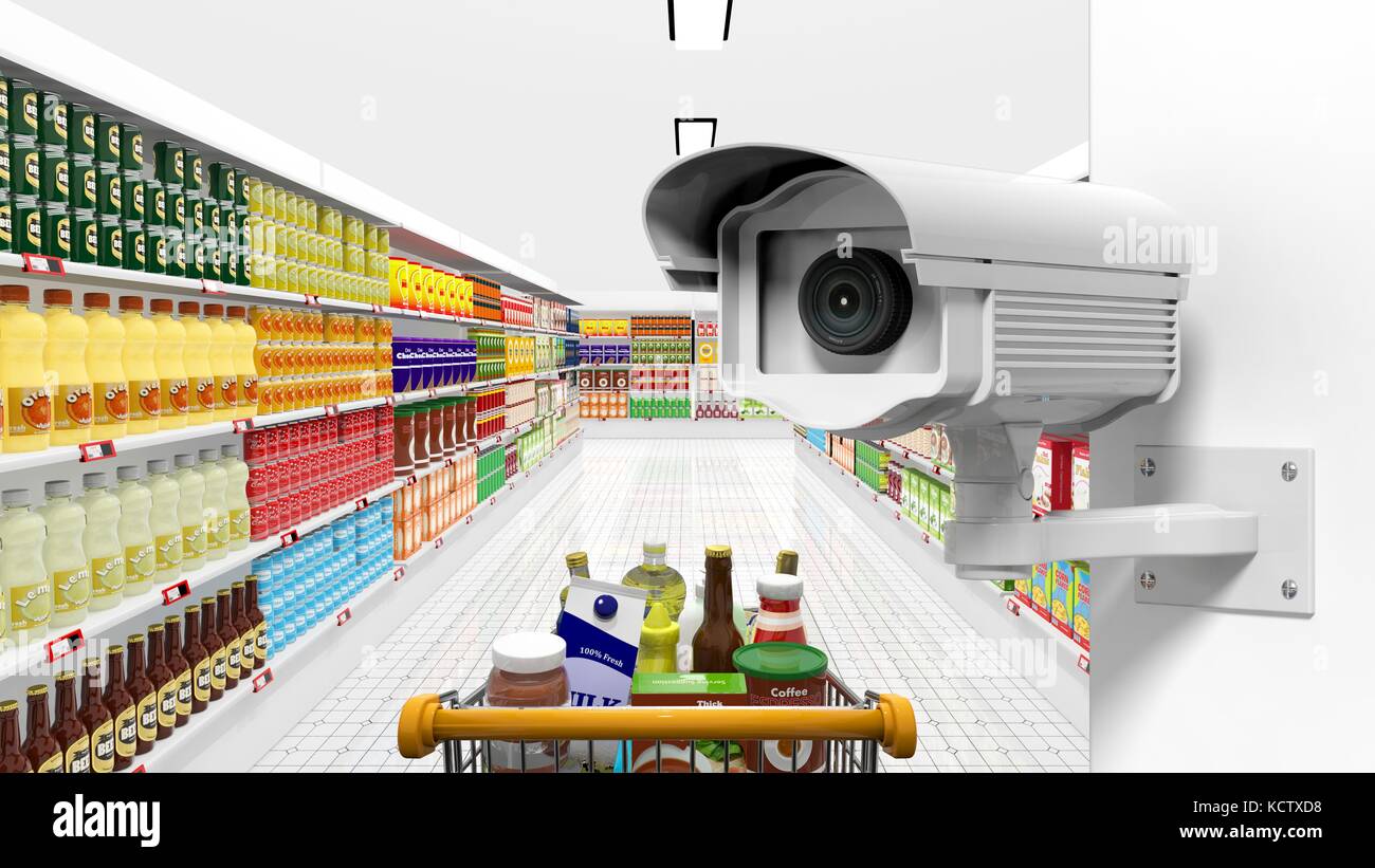 Security surveillance camera with supermarket interior as background ...
