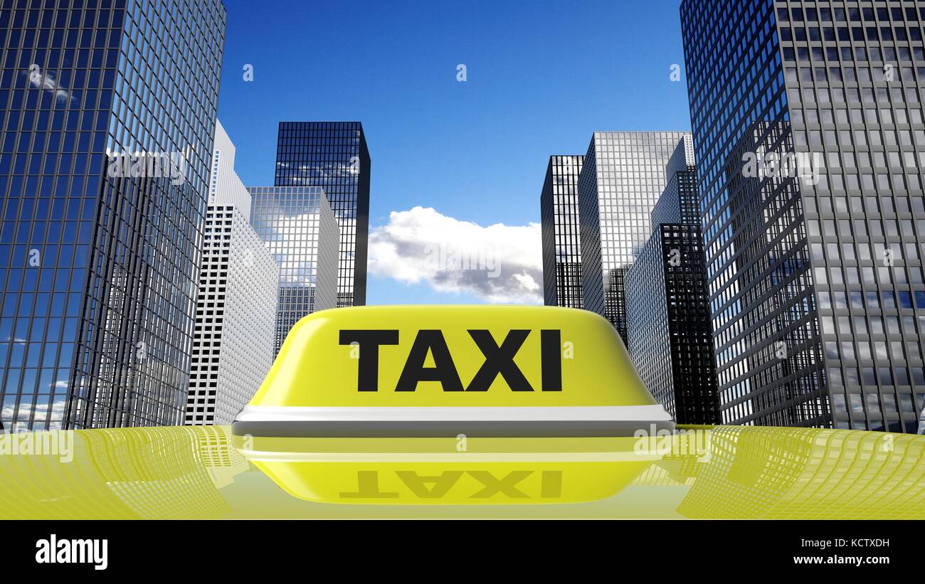 Yellow taxi car roof sign with city background Stock Photo - Alamy