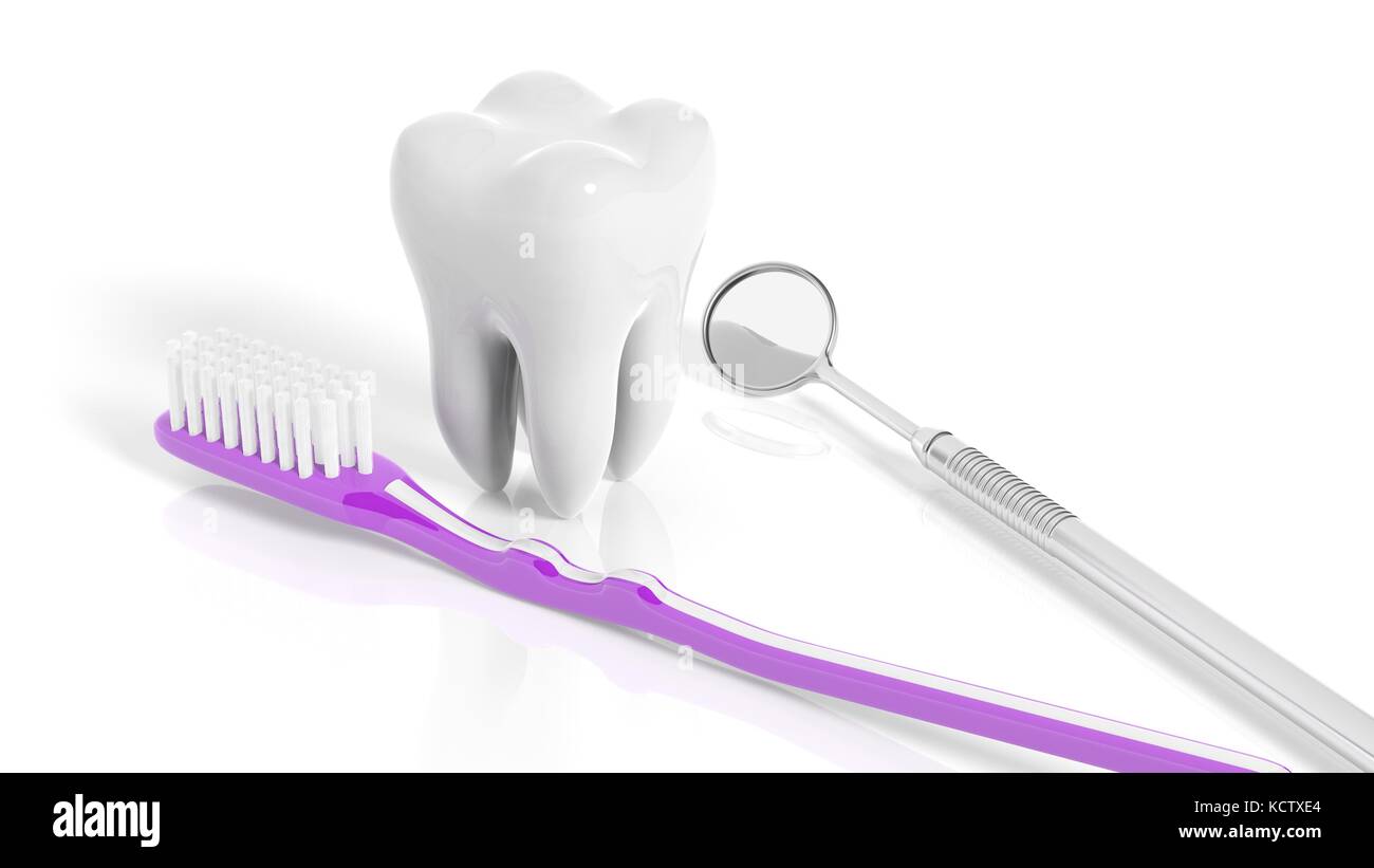Molar tooth with dental mirror and toothbrush isolated on white ...