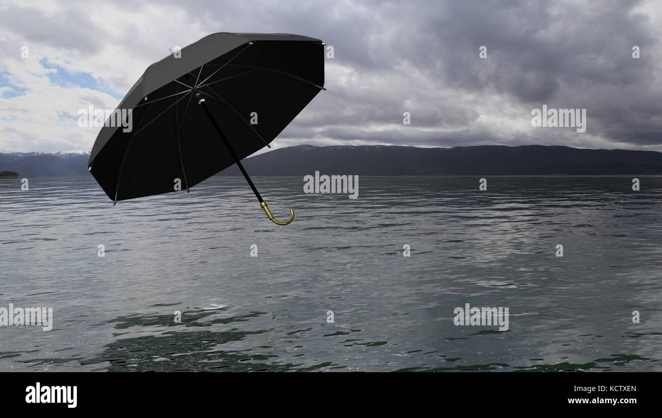 Umbrella floating above water, with distant mountains and cloudy sky on ...