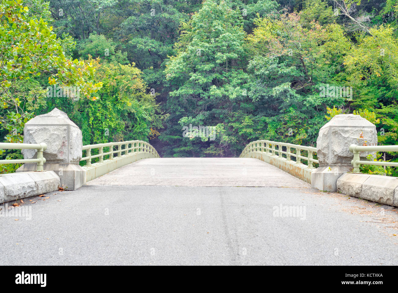 An oriental inspired bridge design extends over a stream in a county ...
