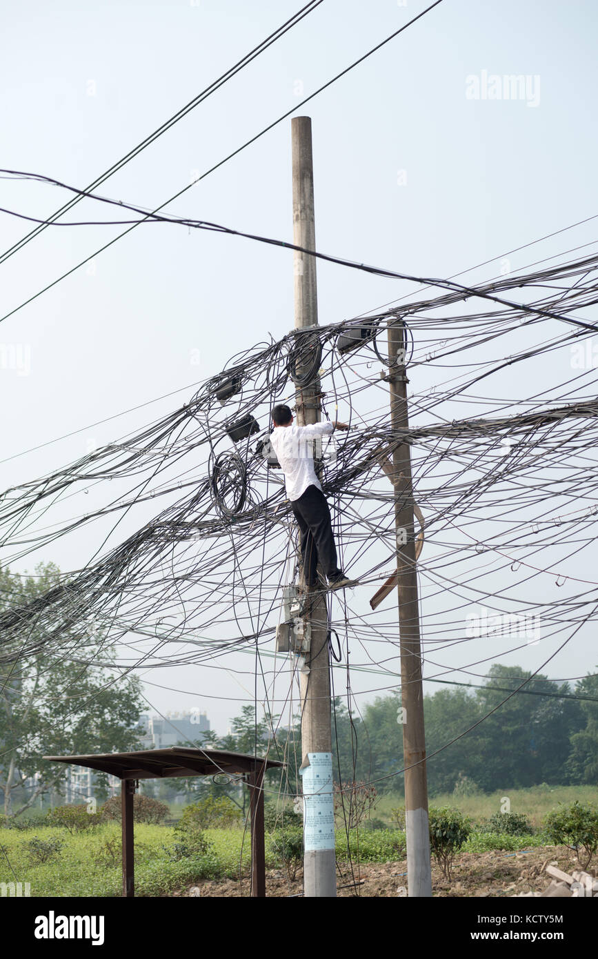 Wires - Man on telegraph pole with hundreds of wires looking for ...
