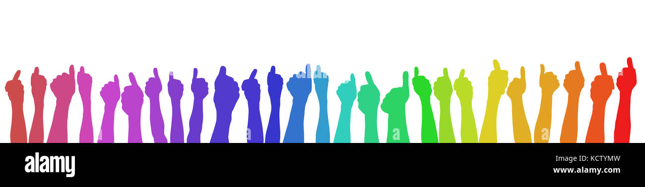 Many hands holding thumbs up in rainbow colors as cooperation or ...
