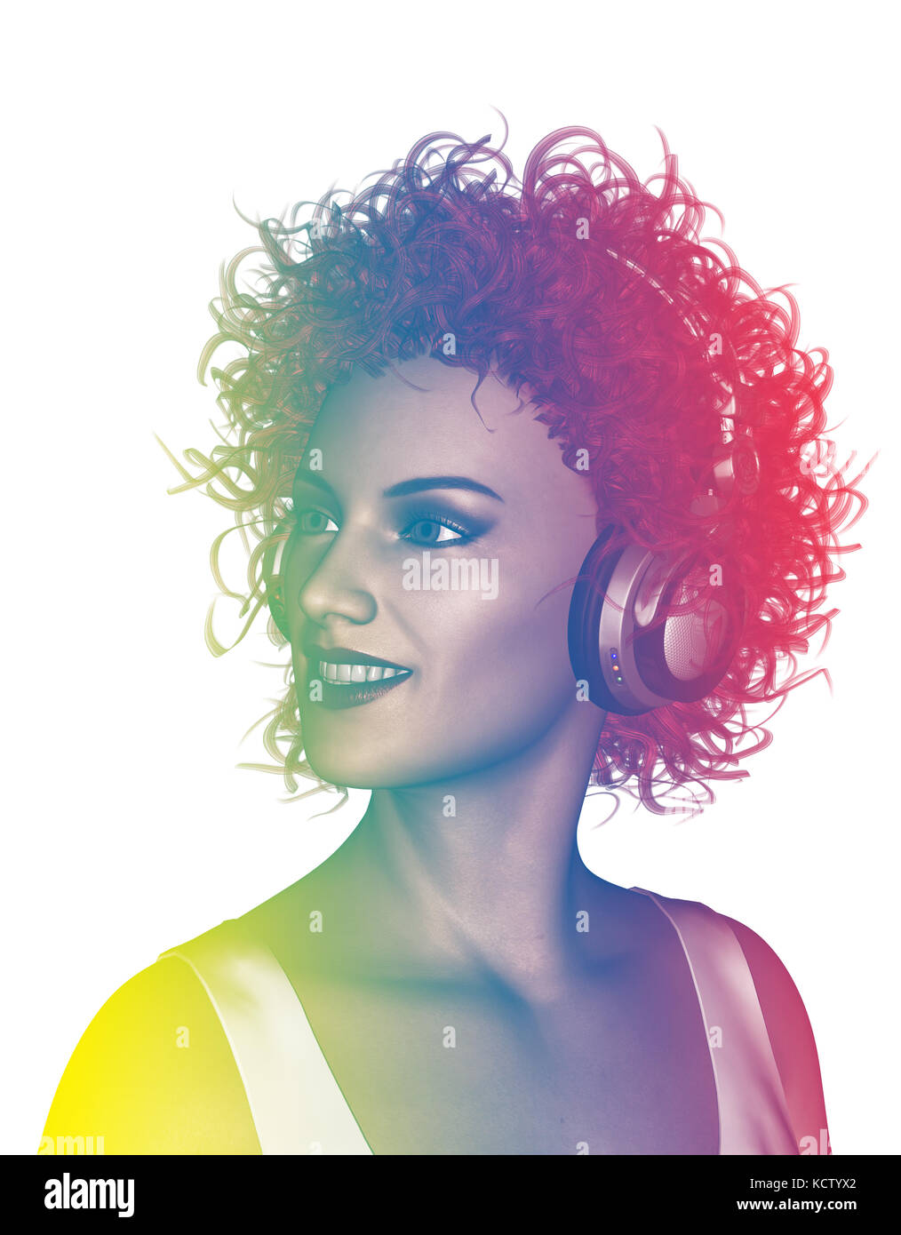 Life is colorful,3d illustration of woman in curly hairstyles listening ...