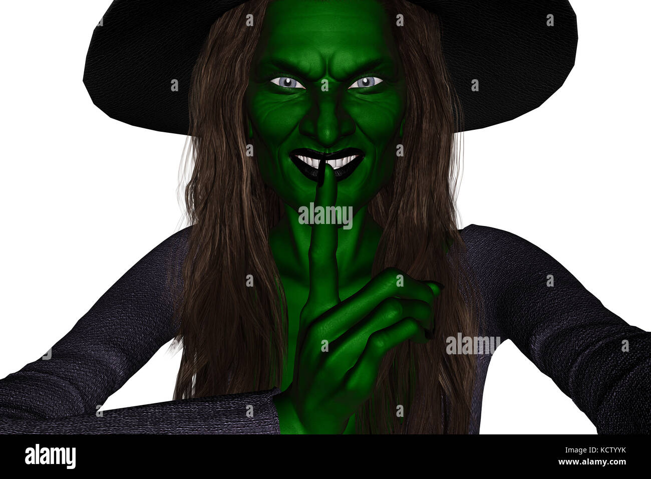 3d illustration of green witch making silence gesture,Halloween concept ...