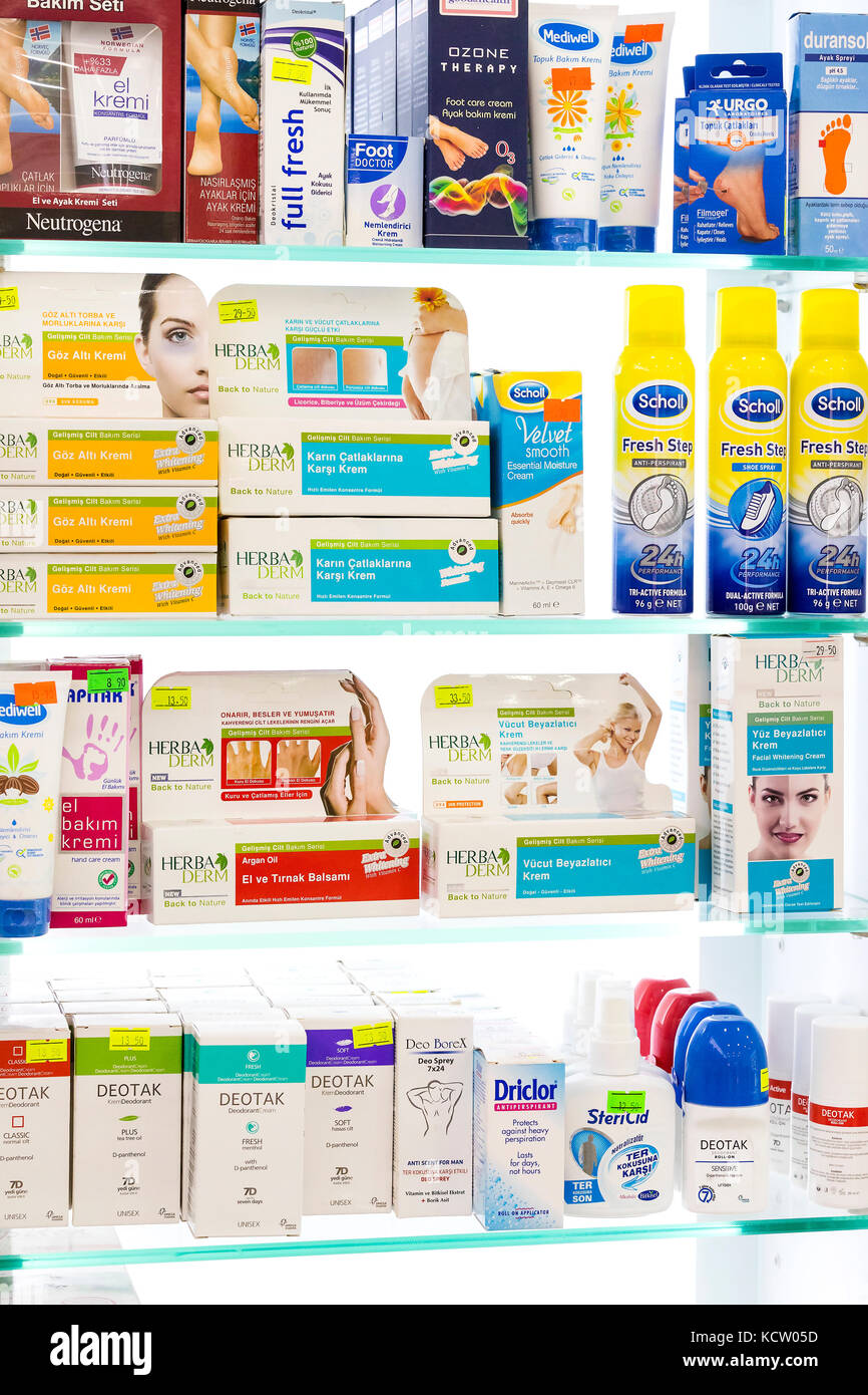 MARMARIS, TURKEY - 1 MAY , 2017: Pharmacy cabinets with medicines and ...