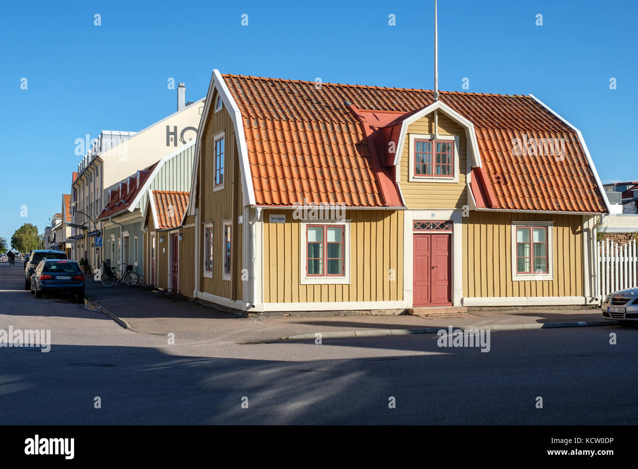 Traditional buildings in Borgholm on Swedish Baltic sea island Oland ...
