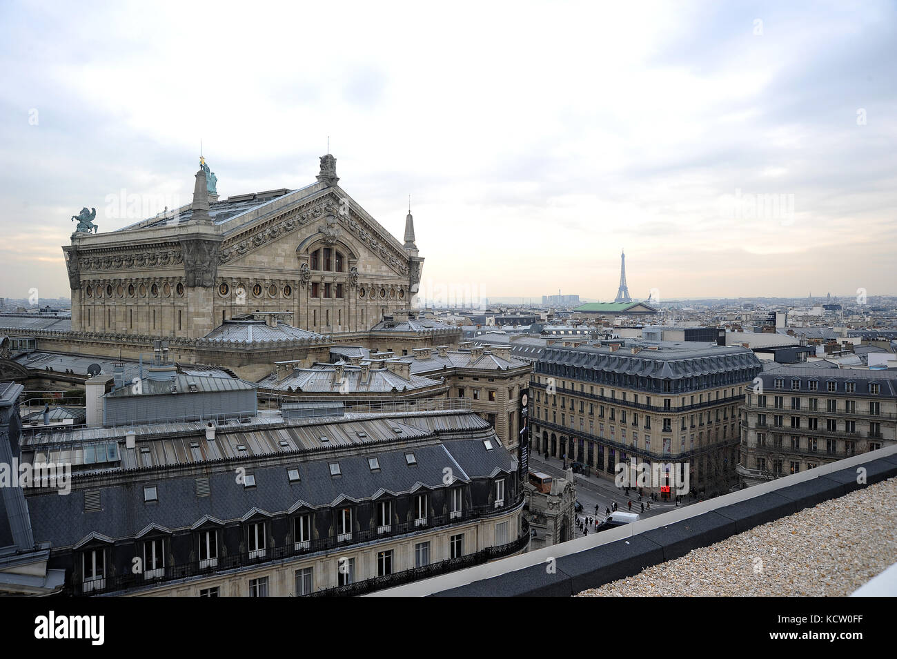 Paris Opera House and the Eiffel Tower seen from the roof gallery of ...