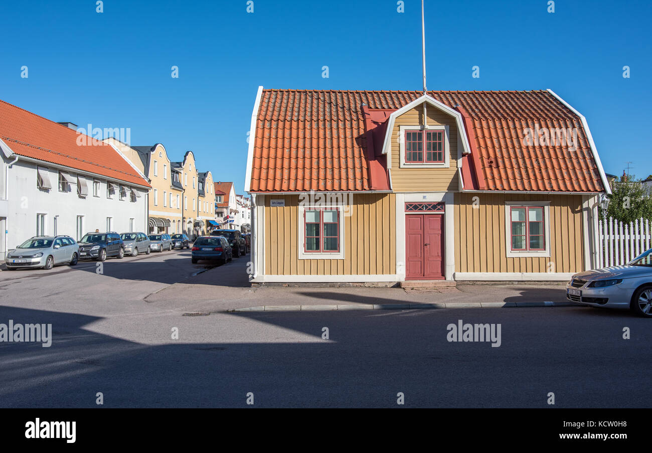 Traditional buildings in Borgholm on Swedish Baltic sea island Oland ...
