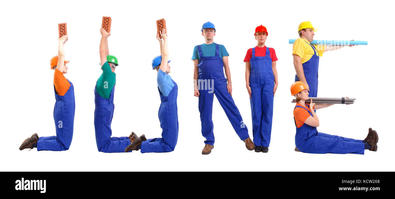 Group of young people wearing different color uniforms and hard hats ...