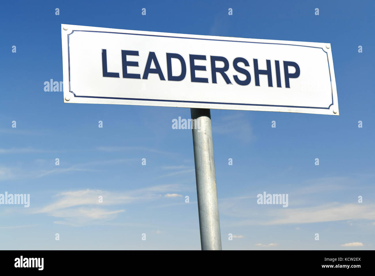 White metal signpost with Leadership word over blue sky Stock Photo - Alamy