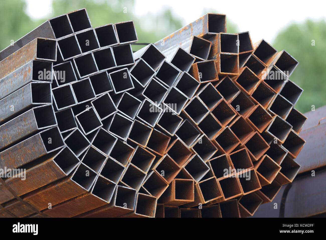 Metal profile pipe of rectangular cross section in packs at the ...