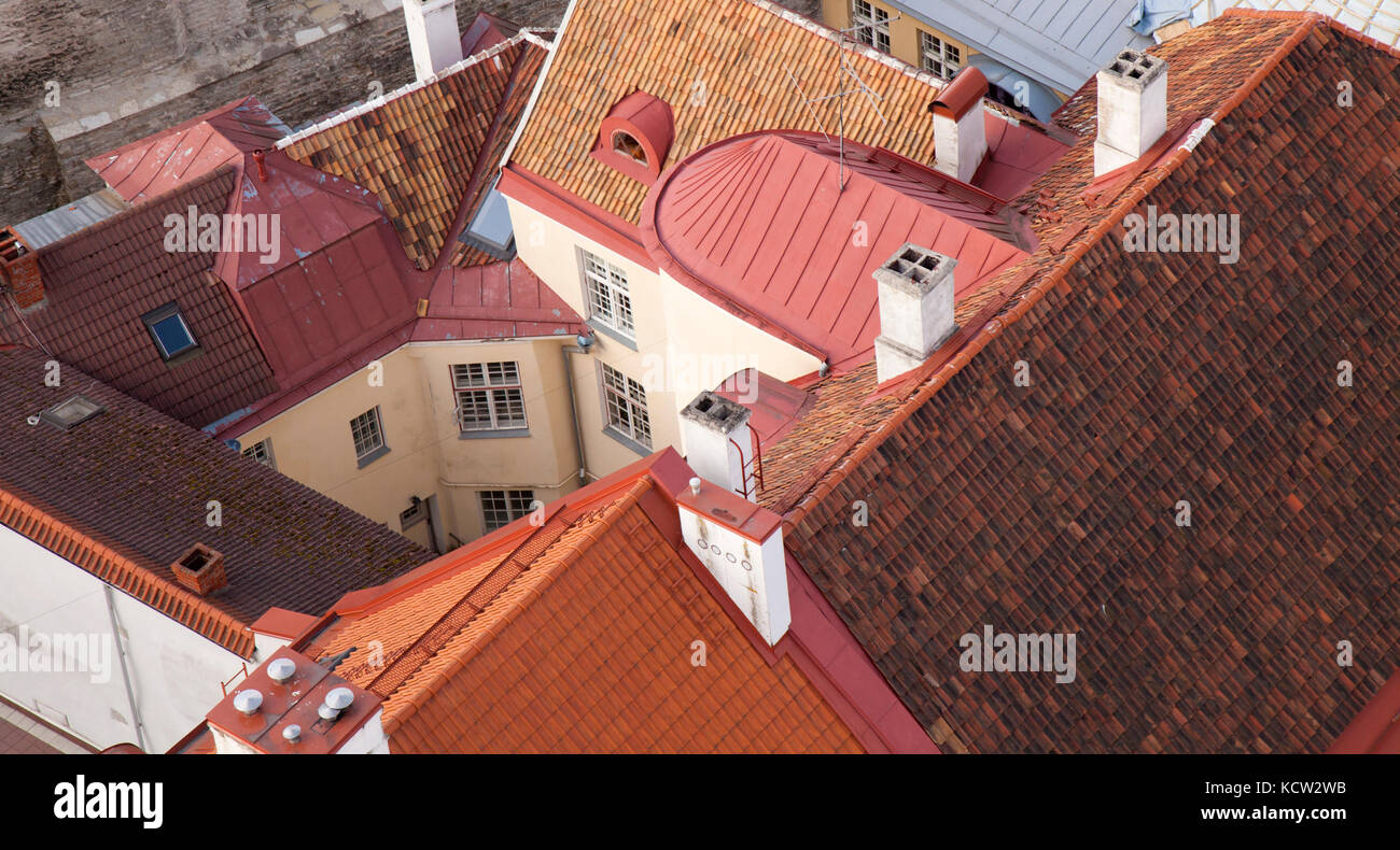 Tallinn, view from St Olav's church tower over the old town rooftops ...