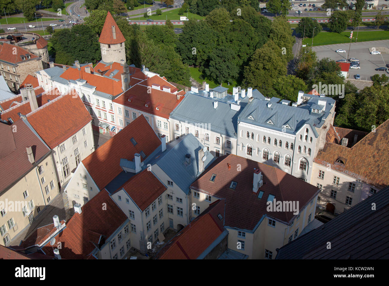 Tallinn, view from St Olav's church tower over the old town rooftops ...