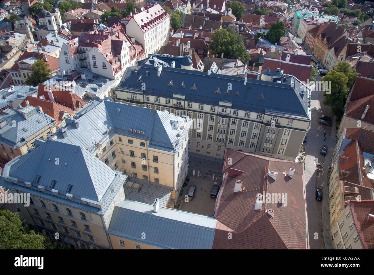 Tallinn, view from St Olav's church tower over the old town rooftops ...