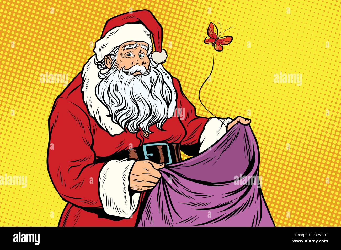 Sad Santa and empty Christmas bag with a moth. Pop art retro vector ...