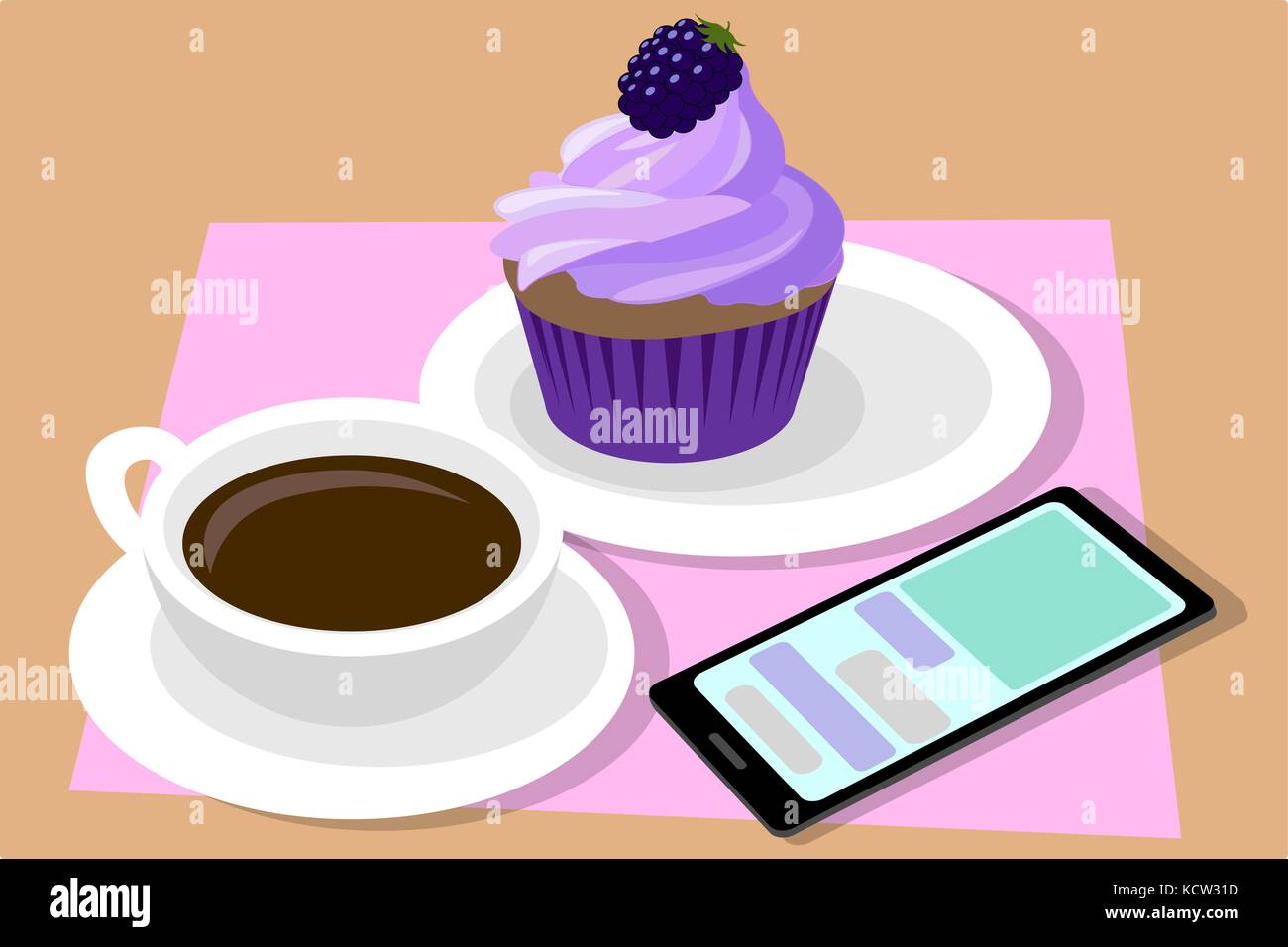 A cup of coffee and cupcake. Phone. Vector. Illustration Stock Vector ...