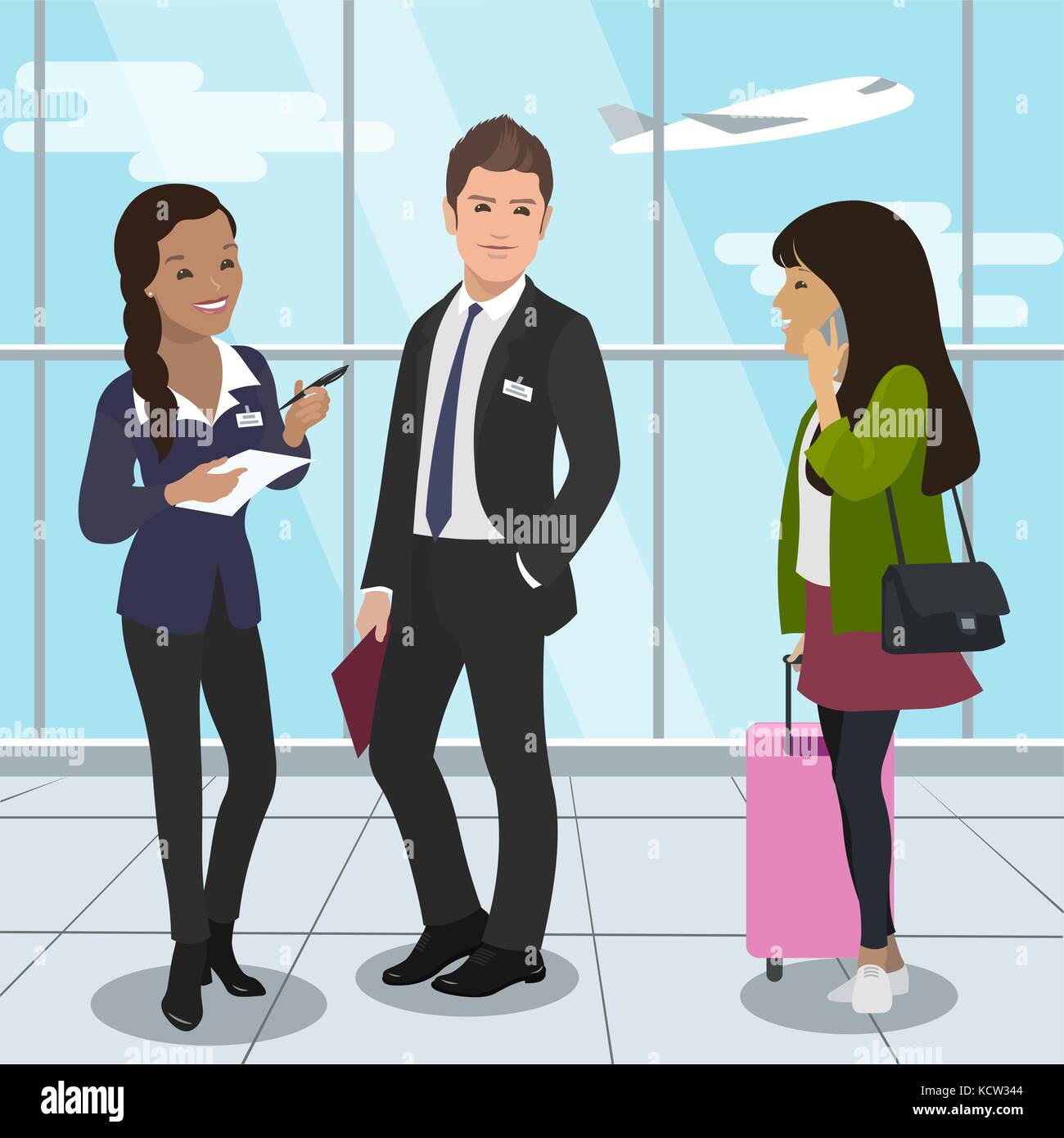 People travel by plane. Airport passengers. Support services.Vector ...