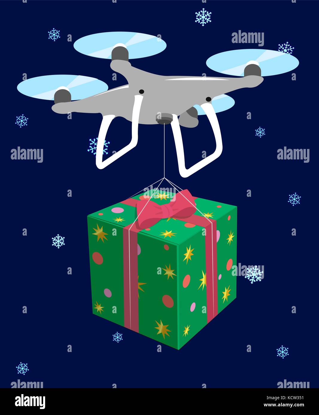 Drone delivers gift. Green box red bow. Vector illustration Stock ...