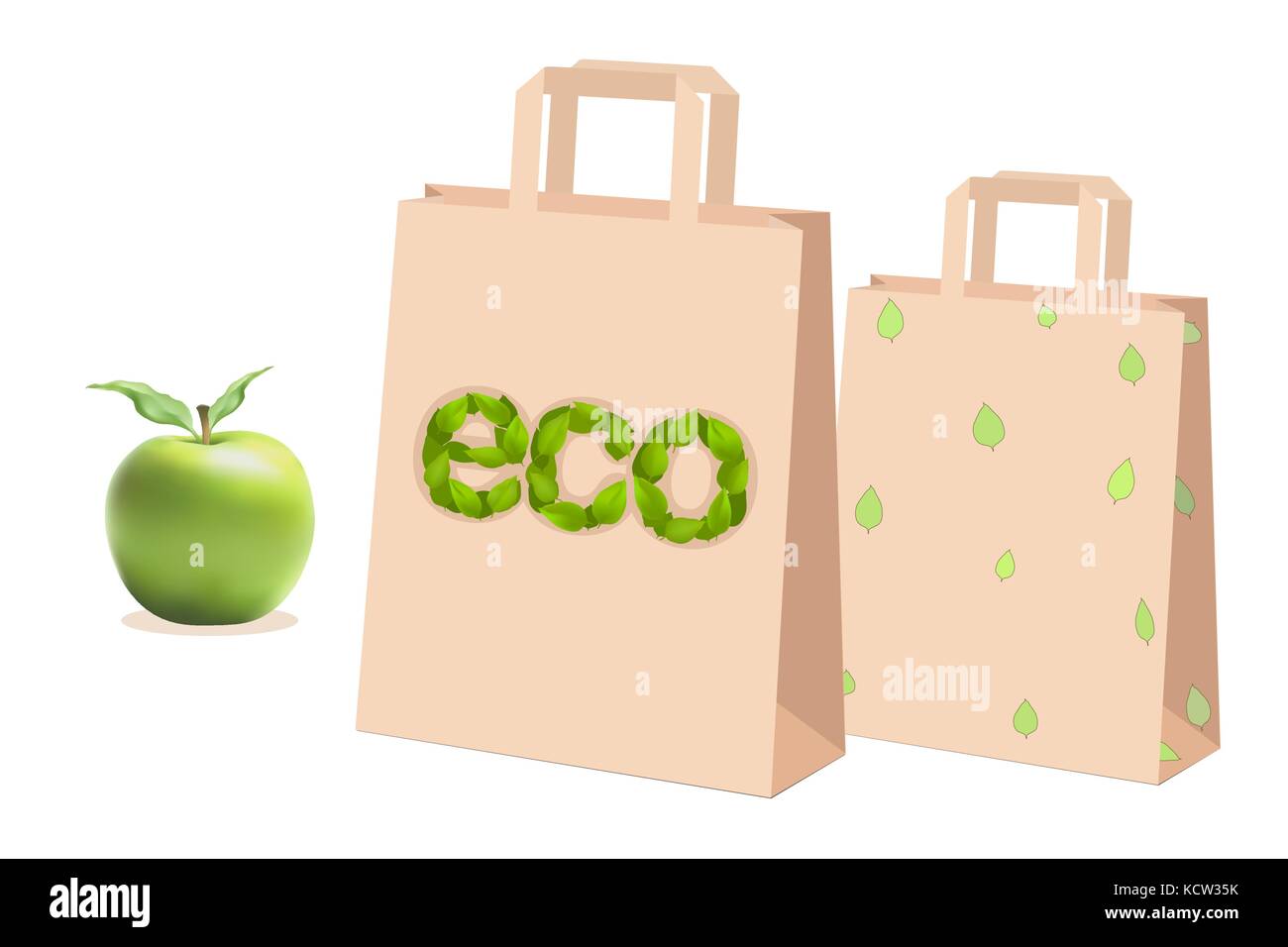 Beige paper shopping bags of gifts. Green apple leaf. Eco. Vector ...