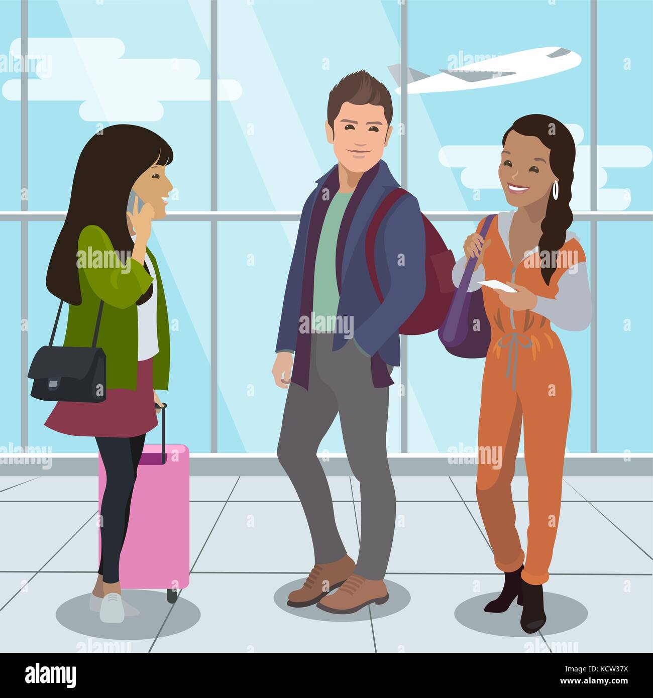 People travel by plane. Airport passengers. Vector illustration Stock ...