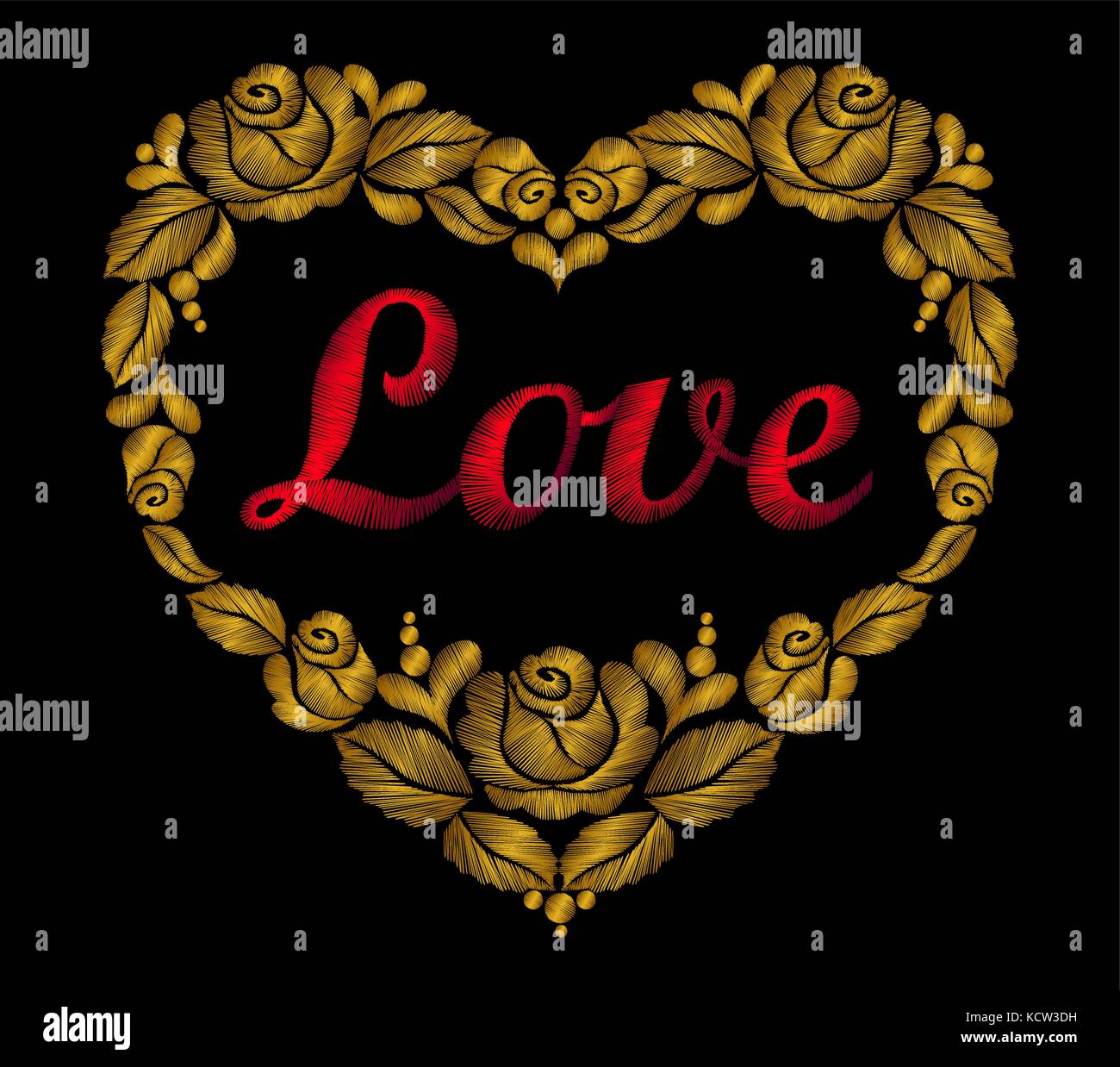 Embroidery heart of gold roses leaf red bright word love in the center ...