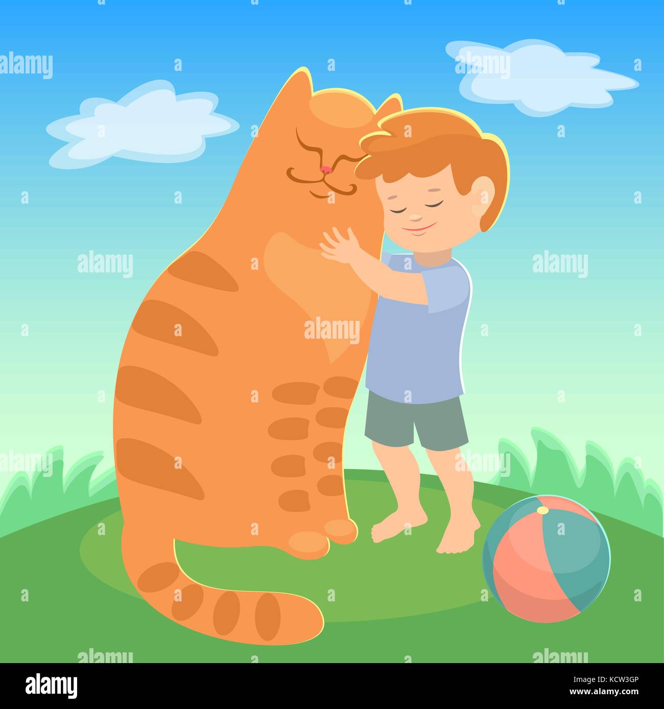 Red Boy and cat cuddling they are friends. blue sky. green meadow ...